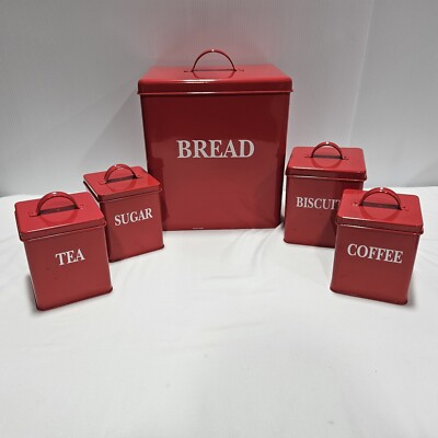 Set Of 5 Kitchen Canisters Red Metal Tin Farmhouse | eBay