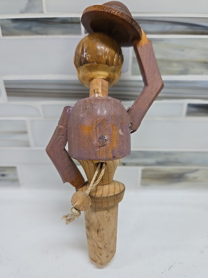 Vintage German Anri Mechanical Carved Wood Cork Wine Stopper - Man ...