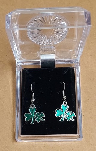 Vintage Double Shamrock Dangle Earrings -silvertone epoxy Irish St ...