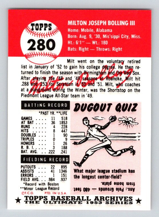 1991 Topps Archives The Ultimate 1953 Set #280 Milt Bolling FREE ...