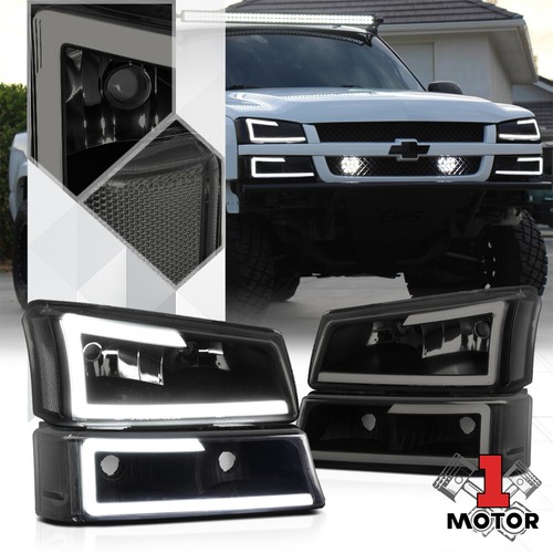 Black/Smoke*LED BAR*Headlight+Bumper Clear Signal for 03-07 Silverado ...