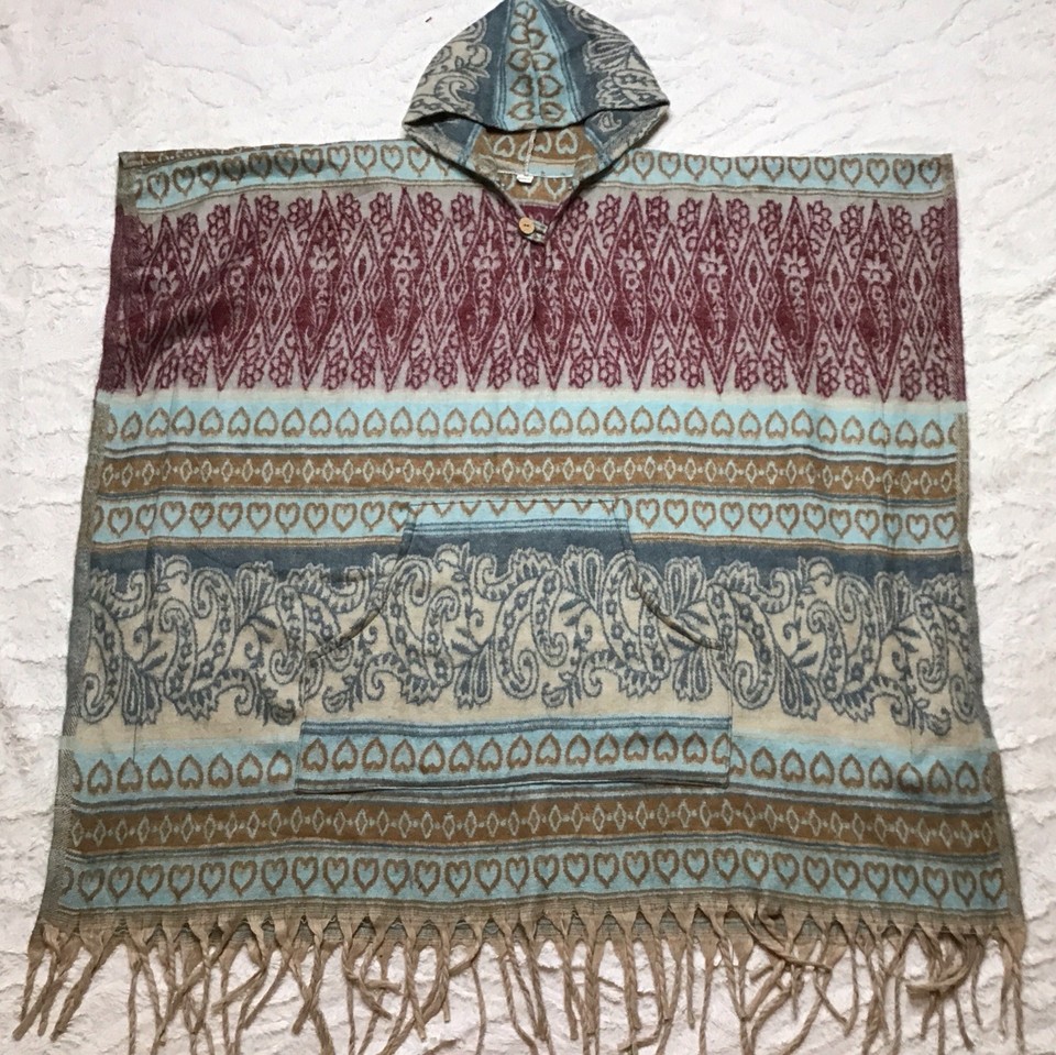 Made In India Hippie Boho Hooded Fringed Poncho Multicoloured One Size ...