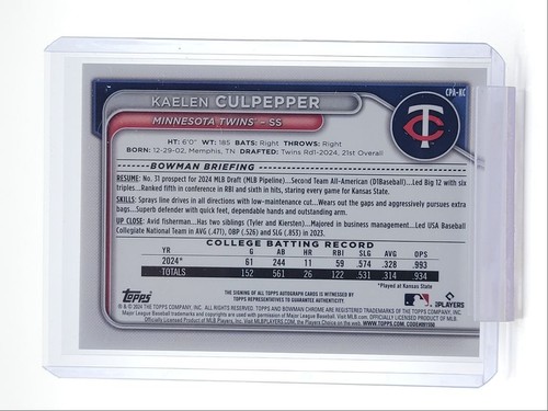 KAELEN CULPEPPER 2024 BOWMAN CHROME DRAFT 1ST YELLOW REFRACTOR AUTO /75 ...
