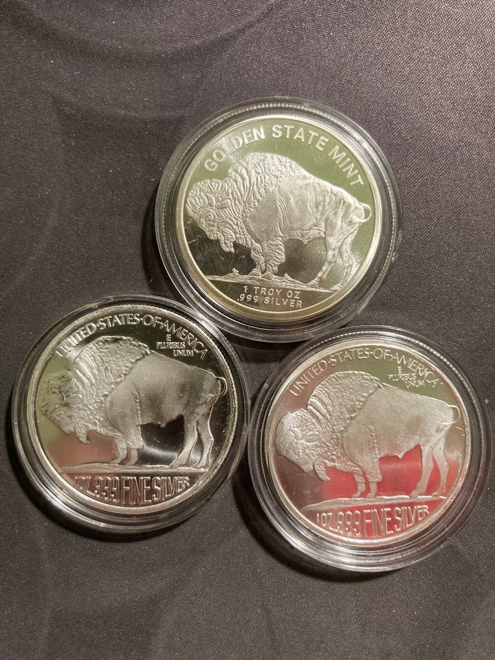 Three Silver Buffalo Rounds .999 Silver 1 Oz Each Bullion 1oz 3oz Ag ...