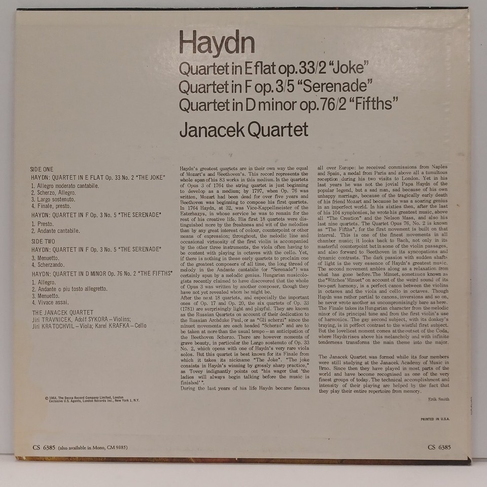 DECCA SXL 6093 WBg ED2 JOSEPH HAYDN JANACEK QUARTET JOKE/SERENADE ...