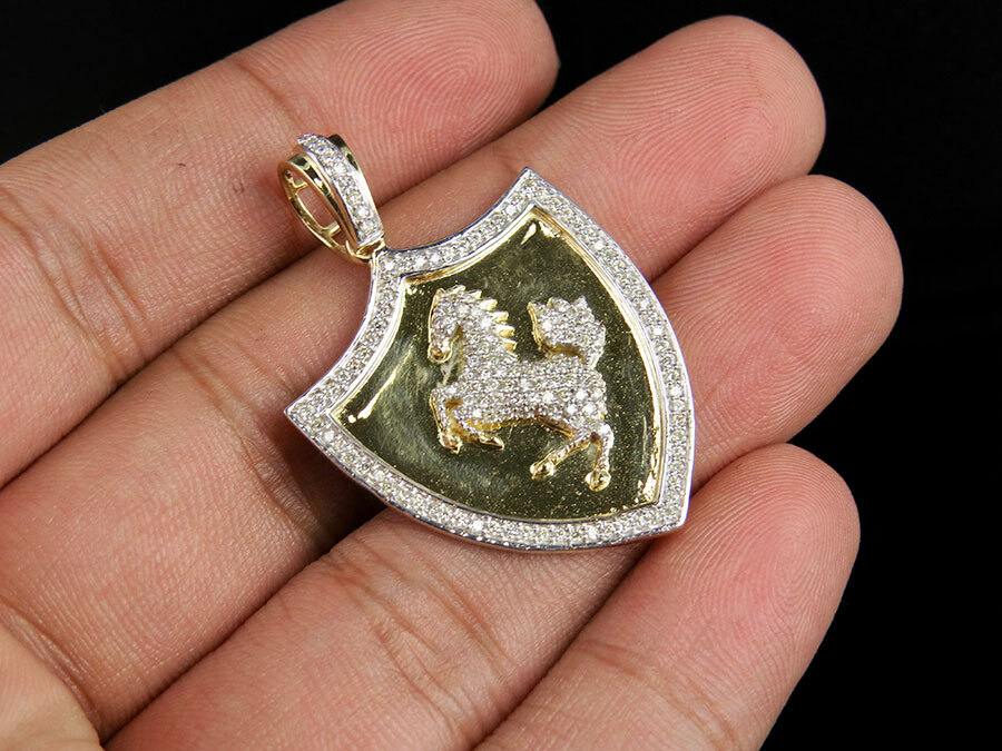 10K Yellow Gold Ferrari Logo Horse Shield Genuine Diamond Pendant Charm ...