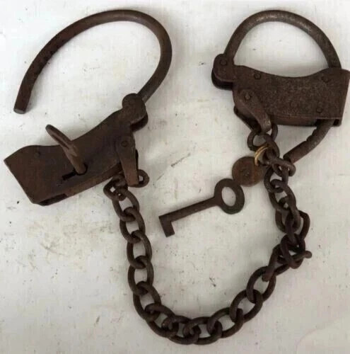 Antique Prison 21" Inch Handcuffs Iron Rust Adjustable Cuffs with Chain ...