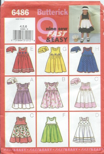 Butterick 6486 Pattern NINE SEW FAST & EASY ~ DRESS & HAT ~ Child 4-5-6 ...