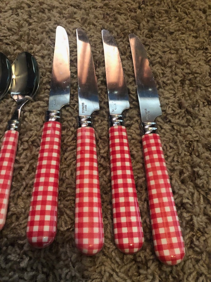 Set of picnic silverware gingham print red forks knives spoons 4 each ...