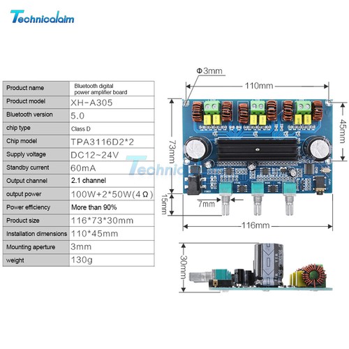 TPA3116D2 Bluetooth 5.0 Digital Power Amplifier Board 2*50W+100W 2.1 ...