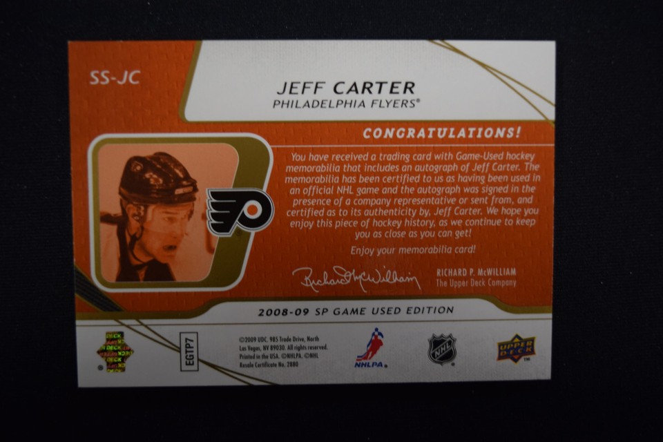 Jeff Carter 2008-09 SP Game Used SIGnificant Swatches Jersey Patch Auto ...