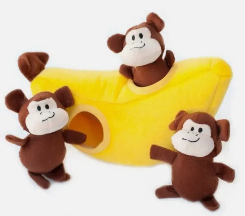 Zippy-Paws Burrow (3) Plush Squeaky Monkeys in a Banana Puppy/Dog Toy ...