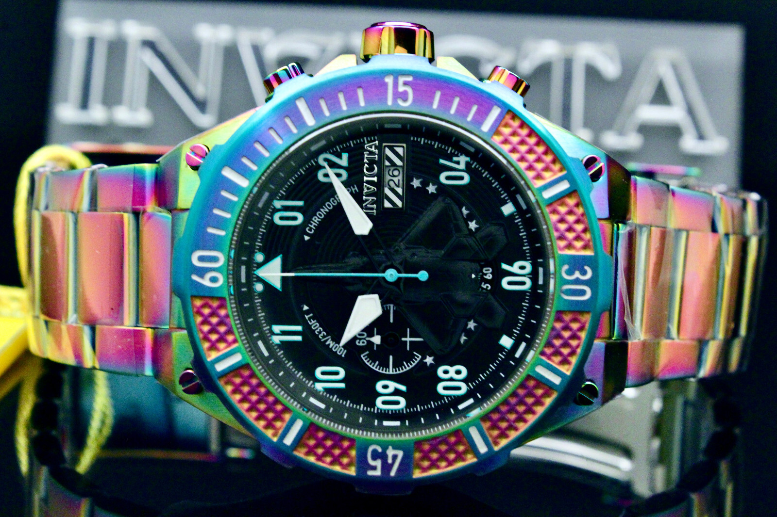 NEW Invicta Men Aviator 50MM IRIDESCENT S.S BLACK Dial Chrono Bracelet ...