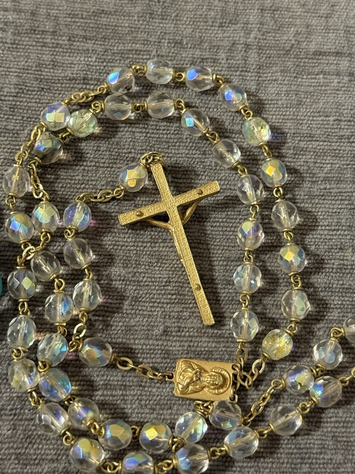 Pair Vintage Catholic Iridescent Teardrop Glass Rosary Gold Tone ...