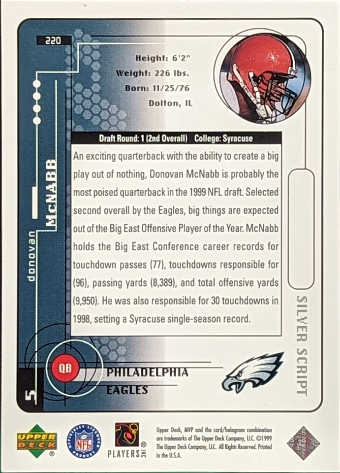 1999 Upper Deck MVP Silver Script #220 Donovan McNabb Philadelphia ...