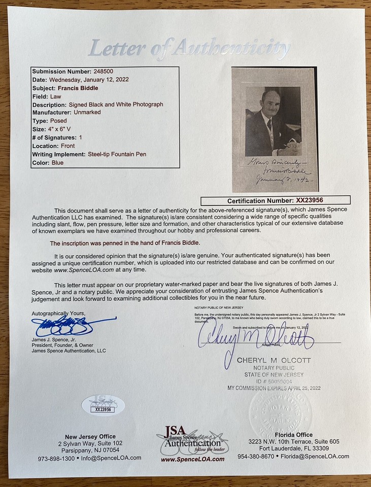 Francis Biddle Signed Autographed 4x6 Photo JSA Letter Nuremberg Trial ...