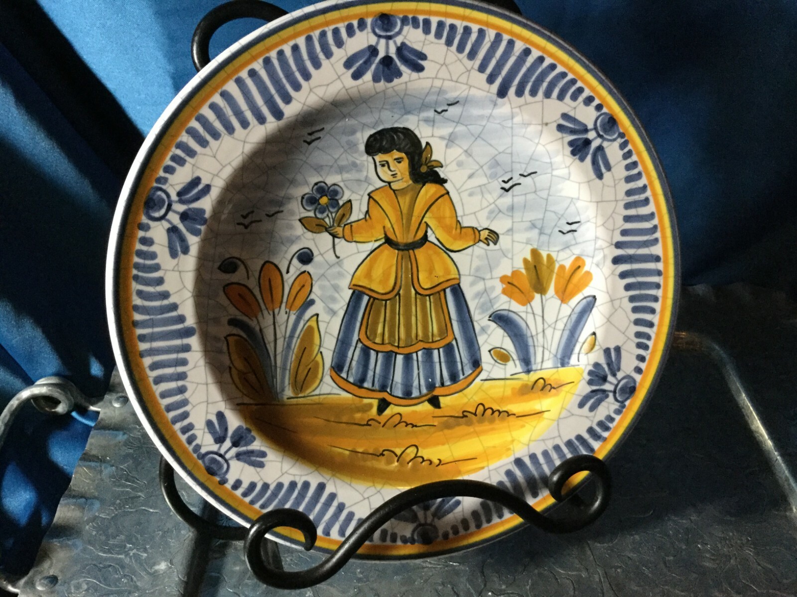 Medium plate crackle glaze hand painted girl figure basque ? pottery ...