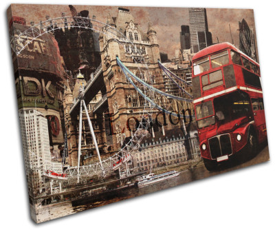 London Red Bus Vintage Collage City SINGLE TELA parete arte foto stampa ...