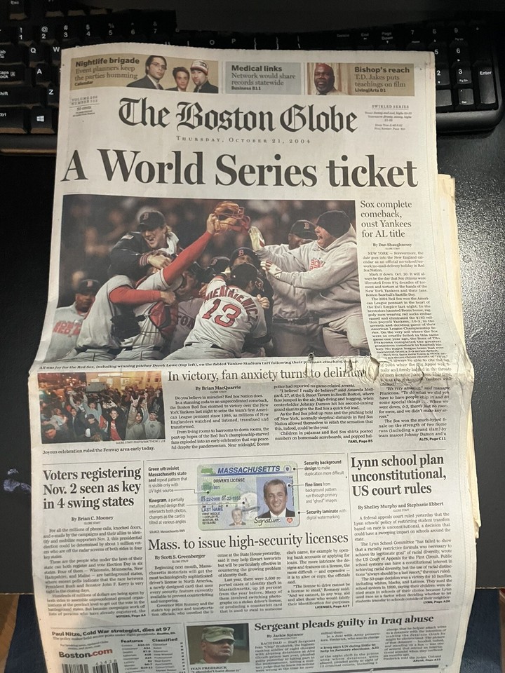 Boston Globe Red Sox defeat Yankees for pennant October 21 2004 | eBay