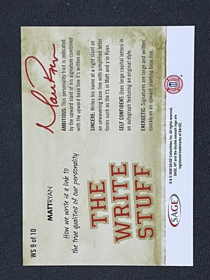 2008 SAGE Hit The Write Stuff Matt Ryan #WS9 Rookie RC Atlanta Falcons ...