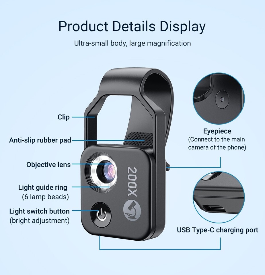 200X Phone Mini Pocket Microscope with LED Light/Universal Clip, Nano ...