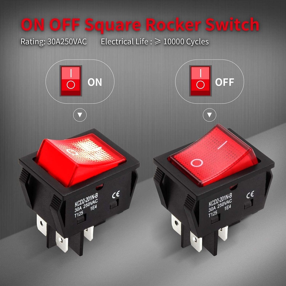 3pack 30A 250V KCD2 KCD4 Rocker Switch DPST 4 Pin Red Lighted 120V ...