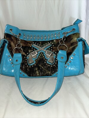 BLUE TEAL CAMO CROSSED PISTOLS GUNS REVOLVER PURSE STUDS RHINESTONES ...