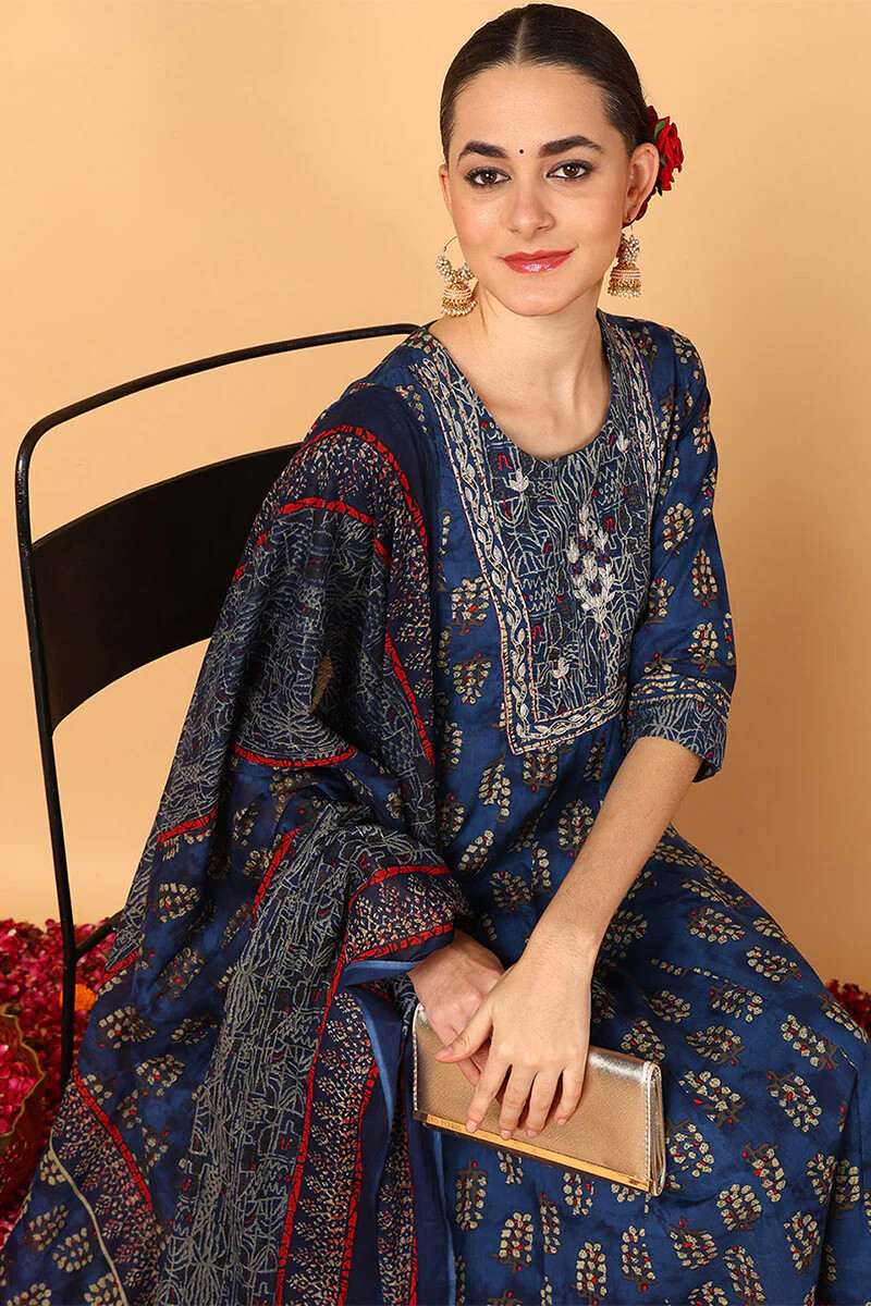 Indian Blue Pure Cotton Ethnic Motifs Printed Flared Kurta Trouser With ...