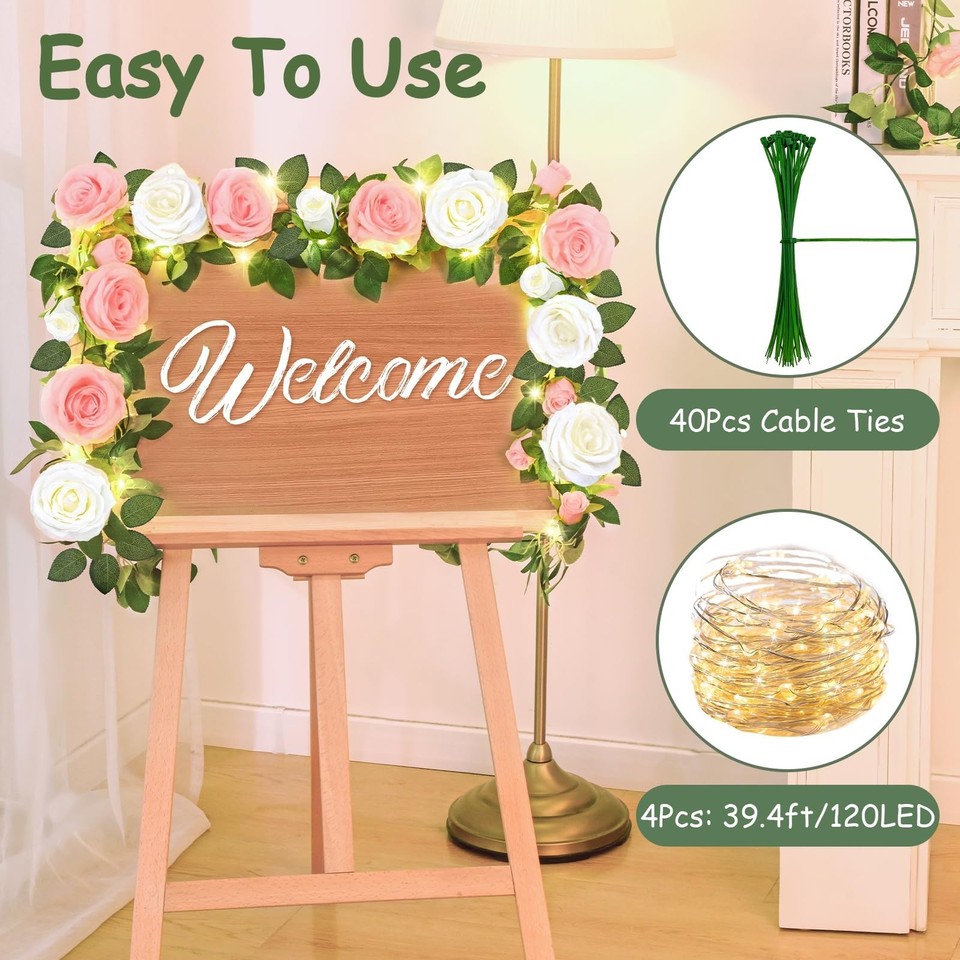 4 Pcs Flower Garland with 39.2 Ft Lights, 26.4 Ft Pink & White Floral ...