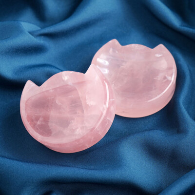 Natural Crystal Rose Quartz Cat Snack Bowl Stone Ornaments Decoration ...