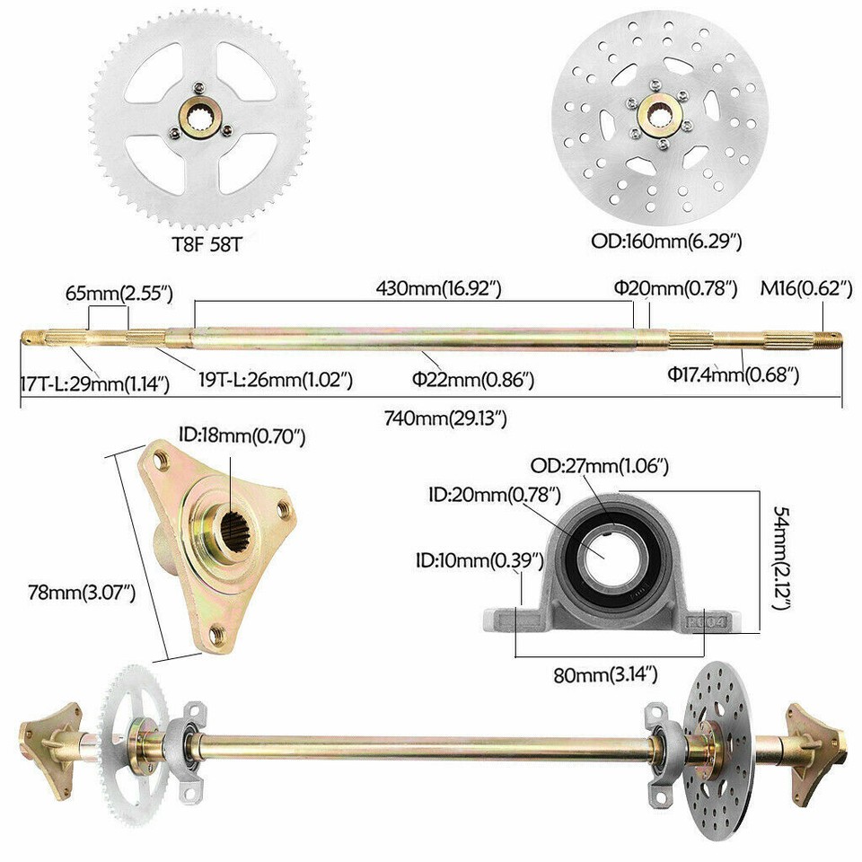 740mm Go kart Rear Axle Assembly 72V 3000W Motor 6" Wheels Front ...