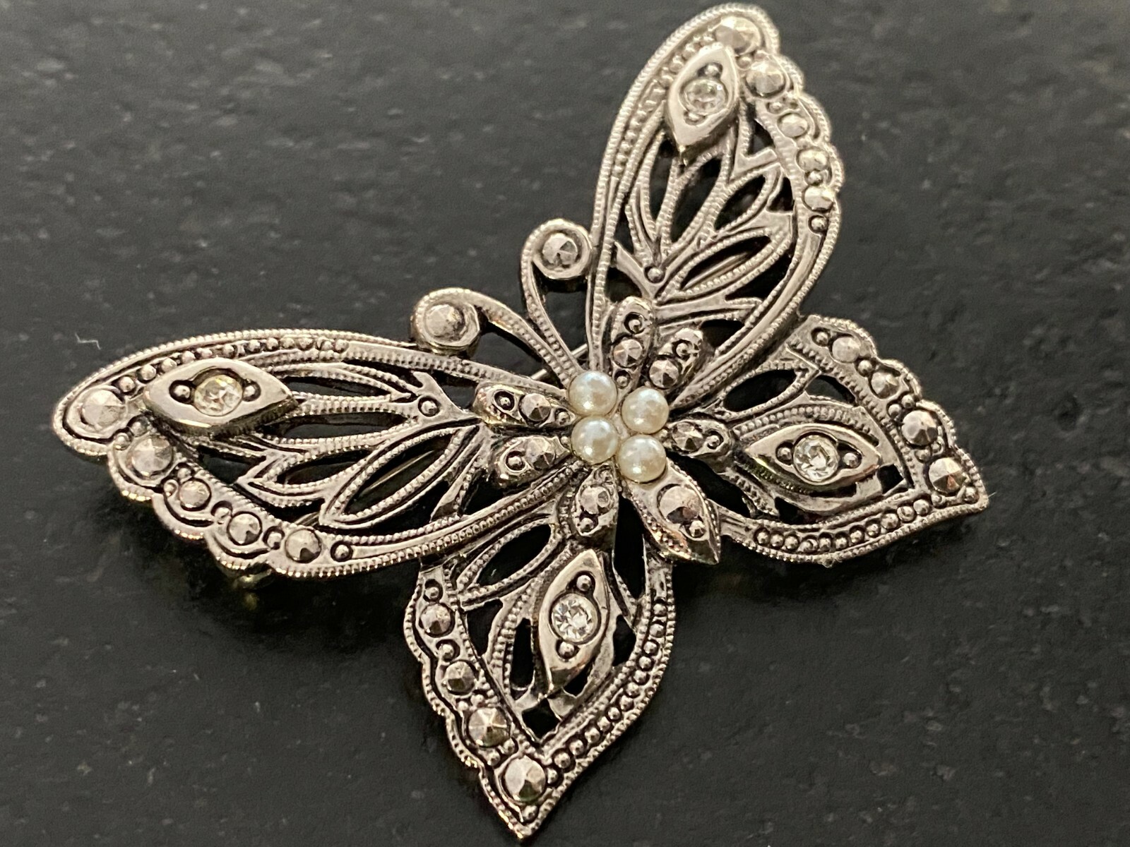 AVON 90s Butterfly Brooch Rhinestone Faux Marcasite … - Gem