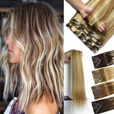 Clip In Real Remy Human Hair Extensions Full Head Soft Hair Highlight ...