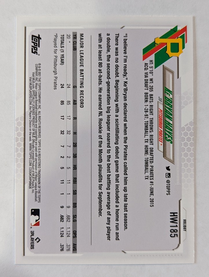 2021 TOPPS HOLIDAY VARIATION SANTA HAT ROOKIE KE'BRYAN HAYES PIRATES | eBay