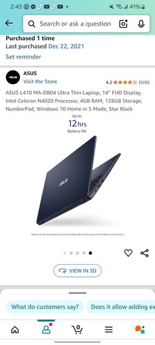 ASUS L410MA-DB04 14" (128GB eMMC, Intel Celeron N4020, 4GB RAM) Laptop ...