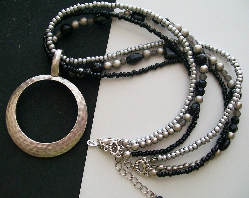 Premier Designs Triple Strand "Night Life" Bead Necklace Hammered Metal ...