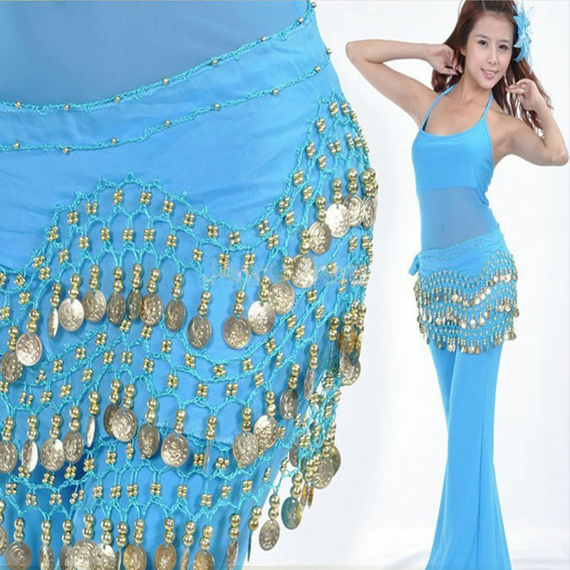 3 Rows 128 Gold Coins Belly Dance Costume Hip Scarf Skirt Belt Wrap ...