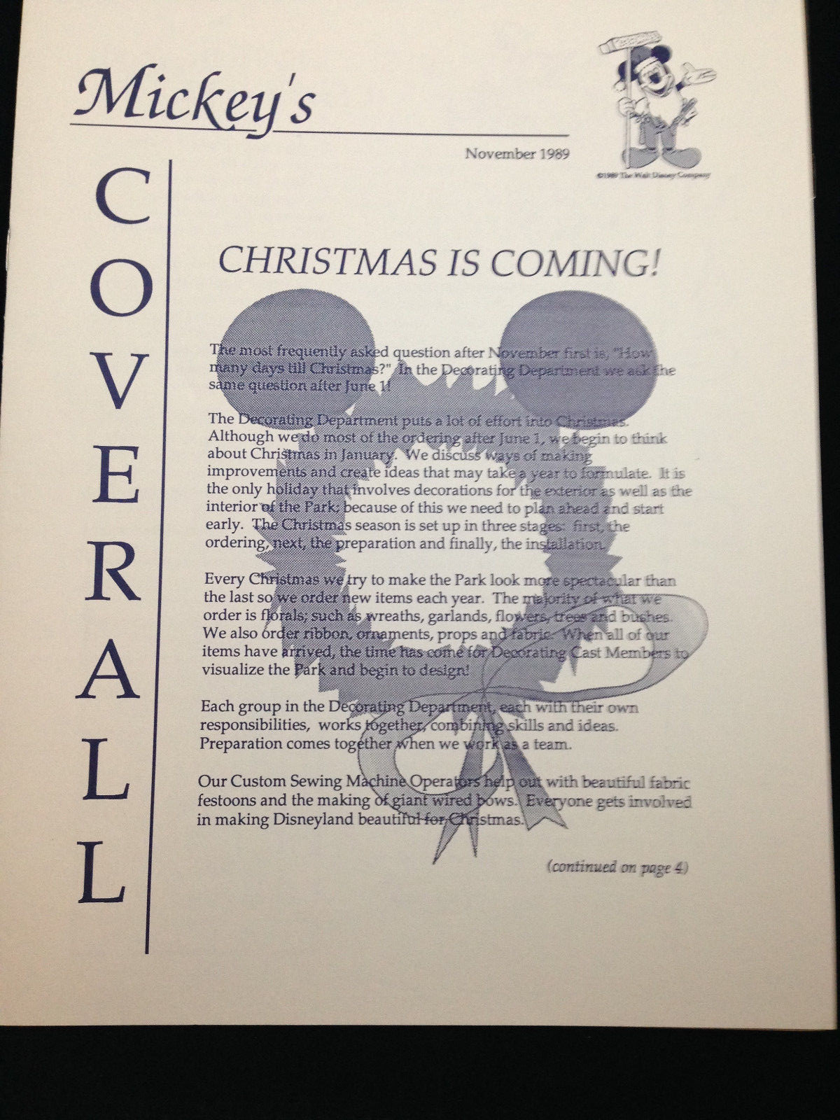 Cast Newsletter Mickey's Coverall November 1989 Christmas is Coming! | eBay