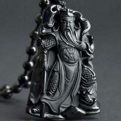 Black Obsidian Guan Gong Necklace Hold Broadsword God of Wealth Pendant ...