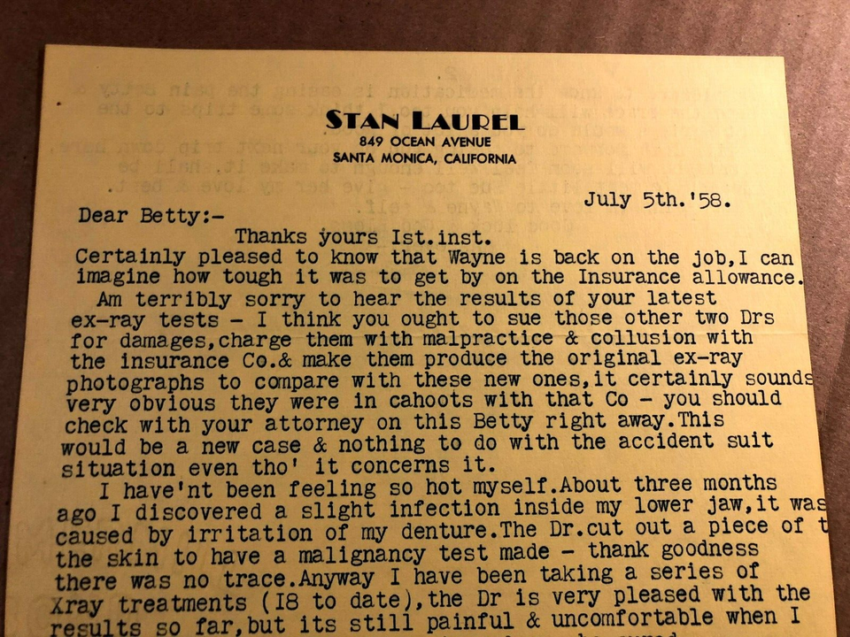 Very Rare Stan Laurel Very Personal Autographed Letter From '58 Laurel ...