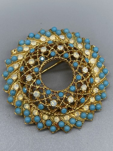 Vintage Sarah Coventry Blue Turquoise & Rhinestone Gold Tone Round ...