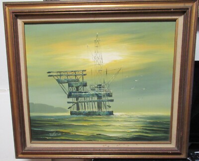 THOMAS OFFSHORE PETROLEUM RIG ORIGINAL OIL ON CANVAS SEASCAPE PAINTING ...