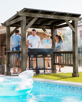 Wooden Outdoor BBQ Cooking Pergola Canopy with Insulated Sloping Steel ...