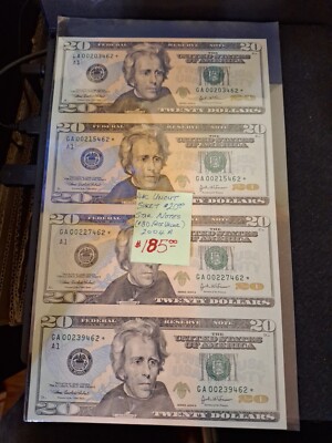 2004 A $20 * STAR UNCUT SHEET OF 4 FEDERAL RESERVE NOTES BANKNOTES 462 ...