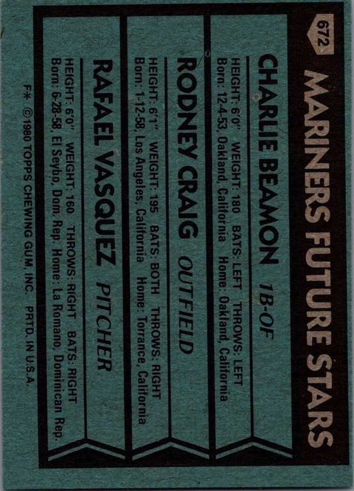 1980 Topps #672 Charlie Beamon RC/Rodney Craig RC/Rafael Vasquez RC EX ...