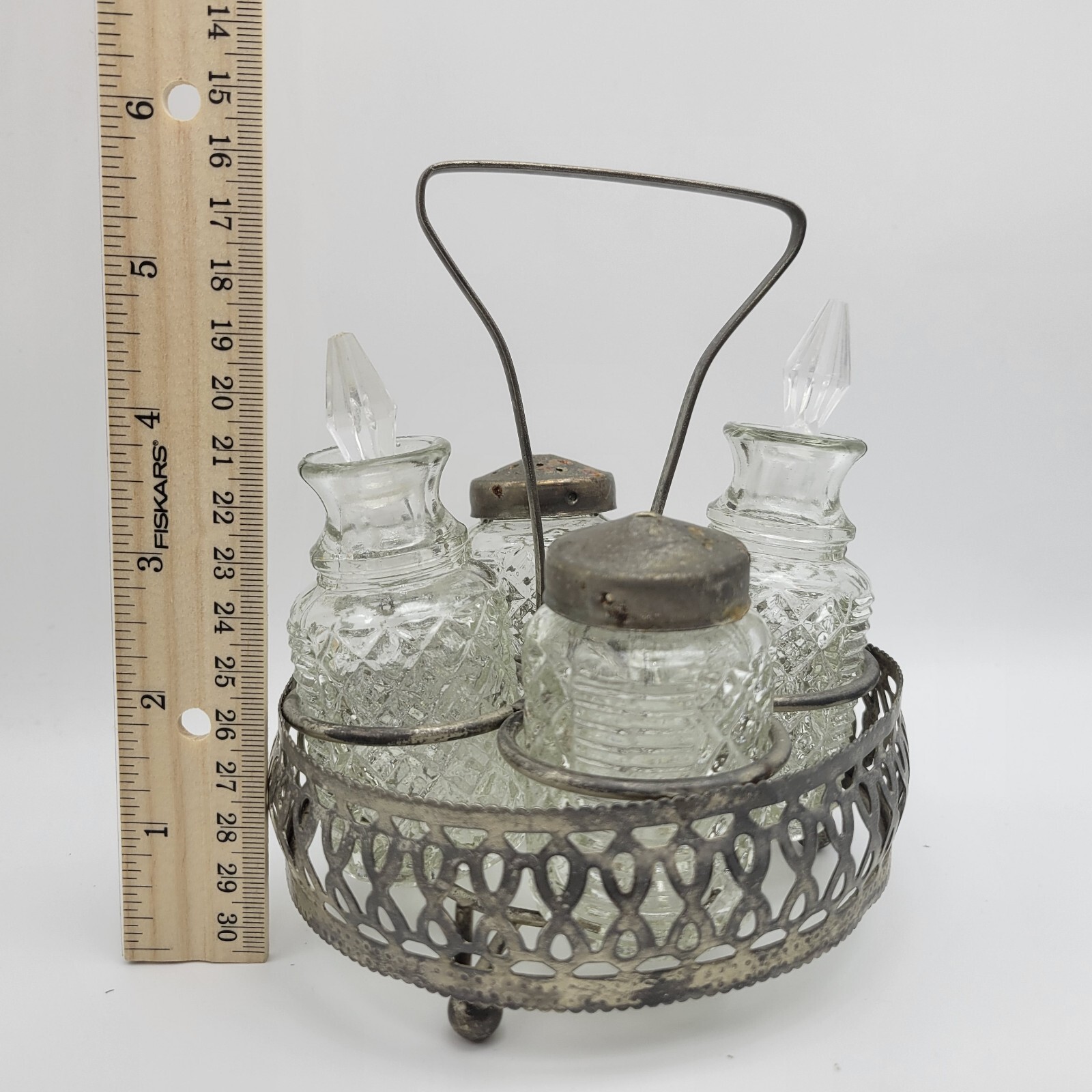 Vtg Clear Glass Cruet Set Salt Pepper Oil Vinegar Silver Holder ...