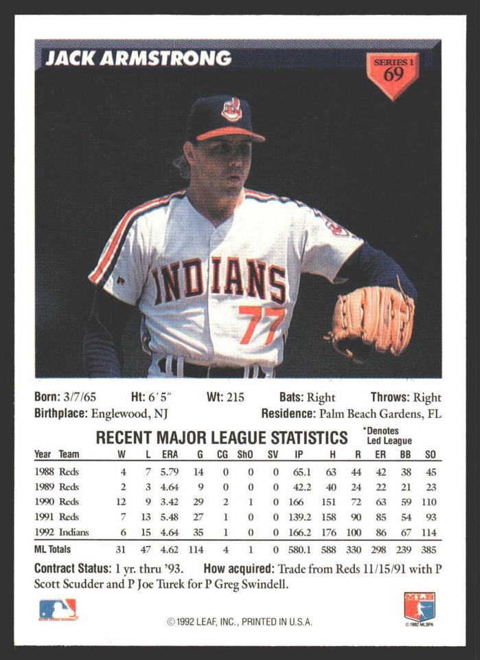 Jack Armstrong #69 1993 Donruss Cleveland Indians | eBay