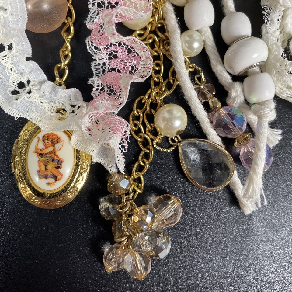 Purse Charm Key Chain Handmade Upcycled Pink Beige Locket Heart Beads ...
