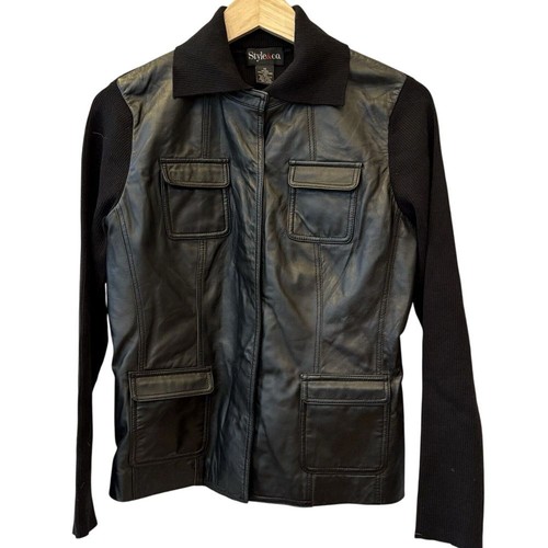 EUC Style & Co Black Leather Knit Sweater Jacket Snap Closure 4 Pockets ...