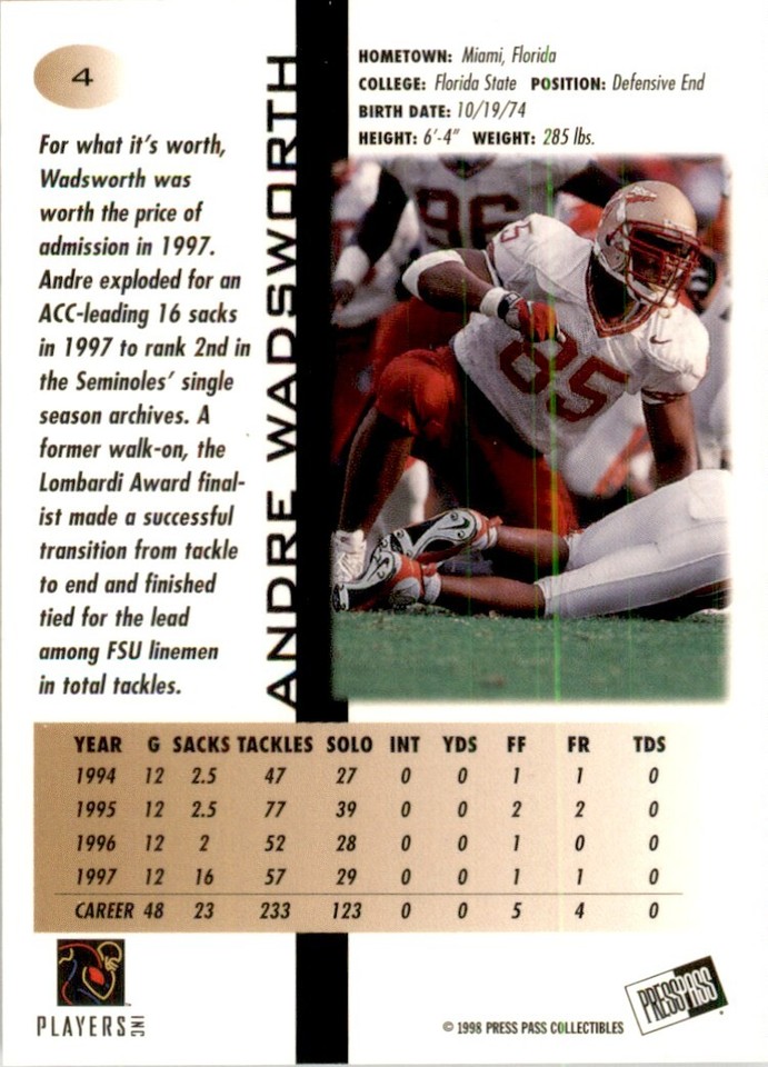 1998 Press Pass Paydirt Red Andre Wadsworth Florida State Seminoles #4 ...